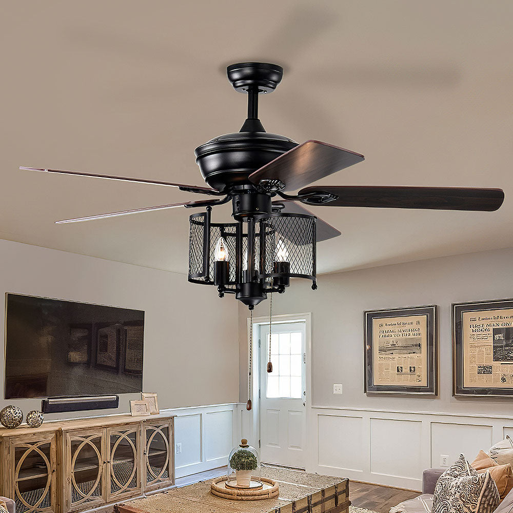 Industrial Iron Mesh Ceiling Fan With Light And Remote